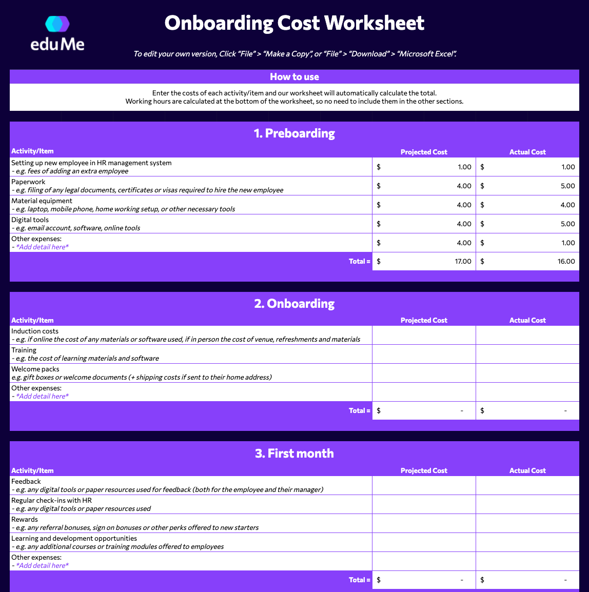 Onboarding Cost Worksheet | eduMe